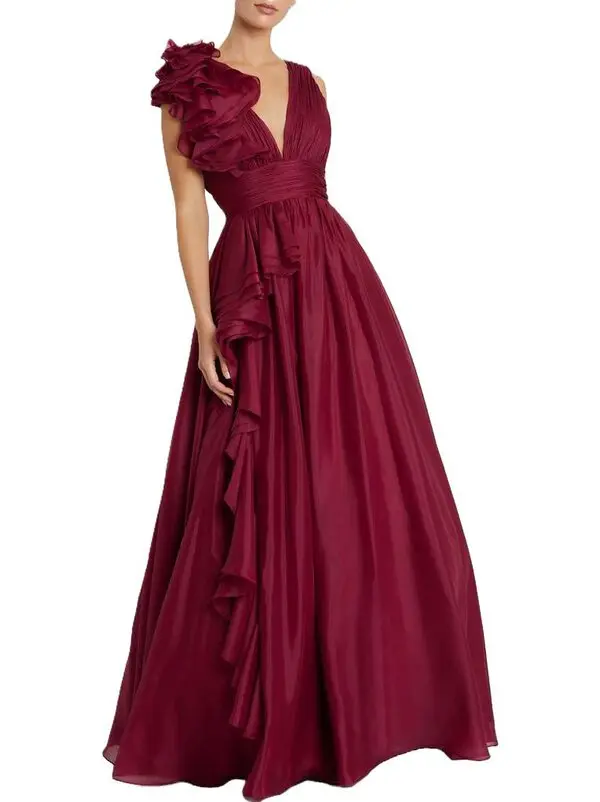 Mac Duggal Ruffle Shoulder V-neck Gown - Wine