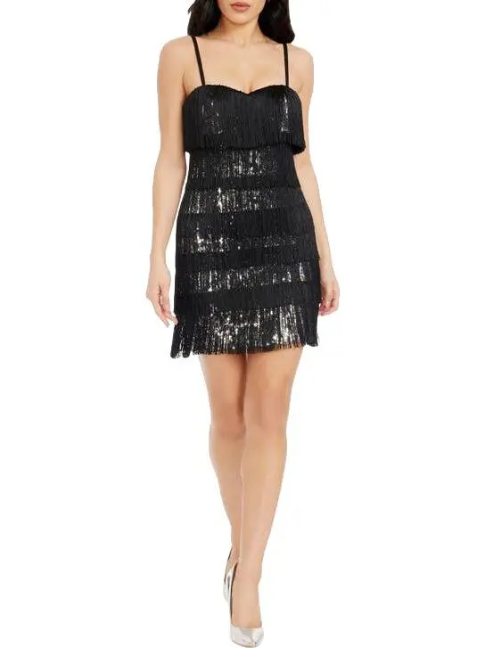 Dress The Population Rebecca Sequin & Tiered Fringe Minidress - Black-silver