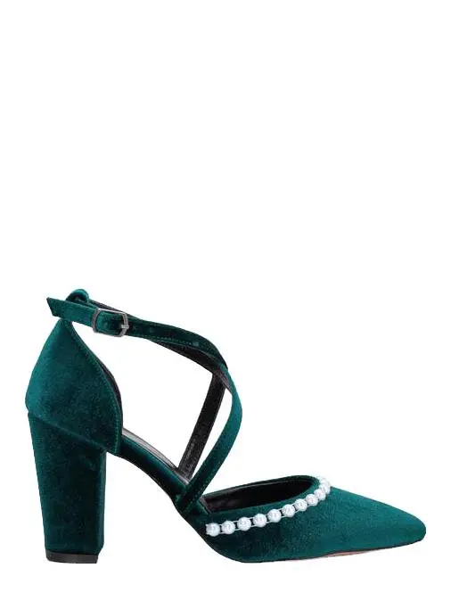 FOREVER & ALWAYS SHOES Sina Criss Cross Heels With Pearls - Emerald Green W/ Pearls