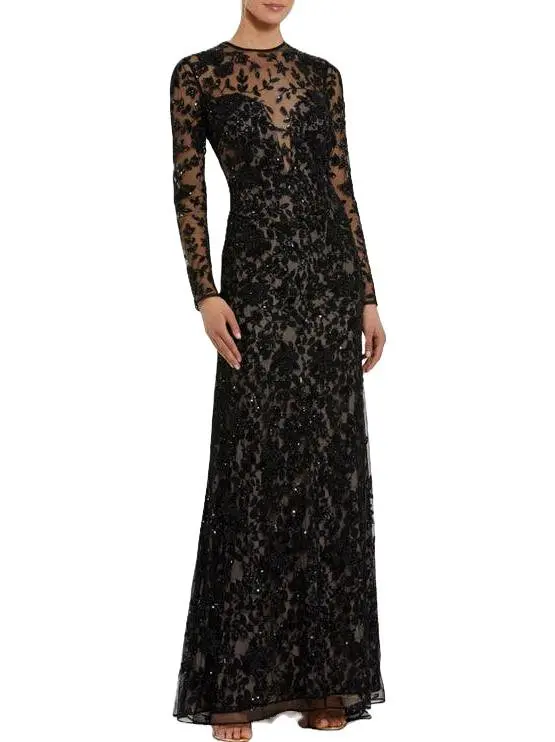 Mac Duggal Floral Embellished Long Sleeve Gown - Black Nude