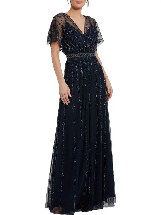 Mac Duggal V-neck Embellished A-line Gown - Midnight