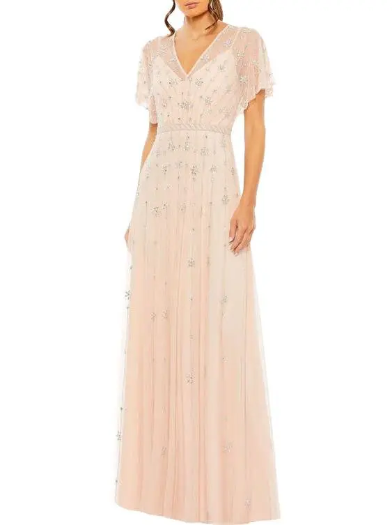 Mac Duggal V-neck Embellished A-line Gown - Rose