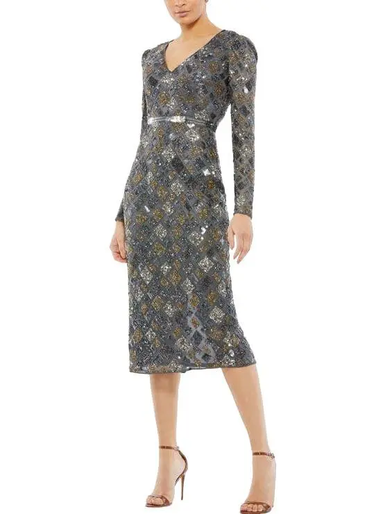 Mac Duggal Long Sleeve Geometric Sequin Midi Dress - Charcoal