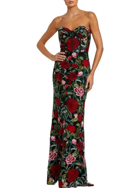 Mac Duggal Sheer Bustier Floral Applique Gown - Black Multi