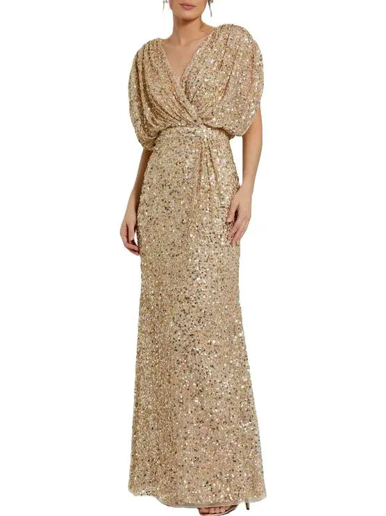 Mac Duggal Draped Sleeve V-neck Sequin Gown - Nude Gold