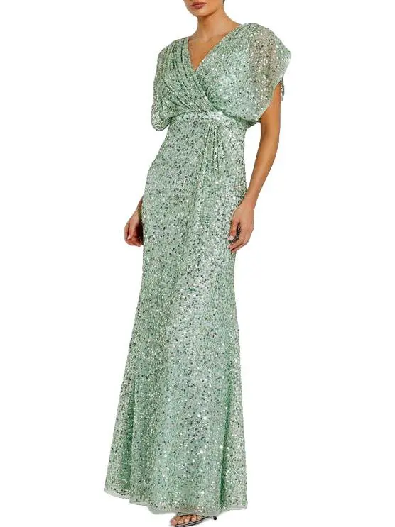 Mac Duggal Draped Sleeve V-neck Sequin Gown - Seafoam