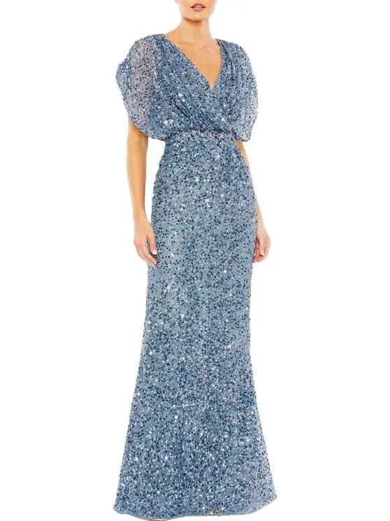 Mac Duggal Draped Sleeve V-neck Sequin Gown - Slate Blue