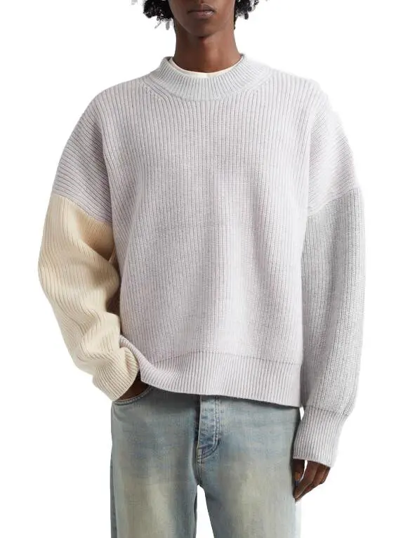 WASTE YARN PROJECT Laerke Colorblock Crewneck Sweater - Tonal White/ Beige/ Grey