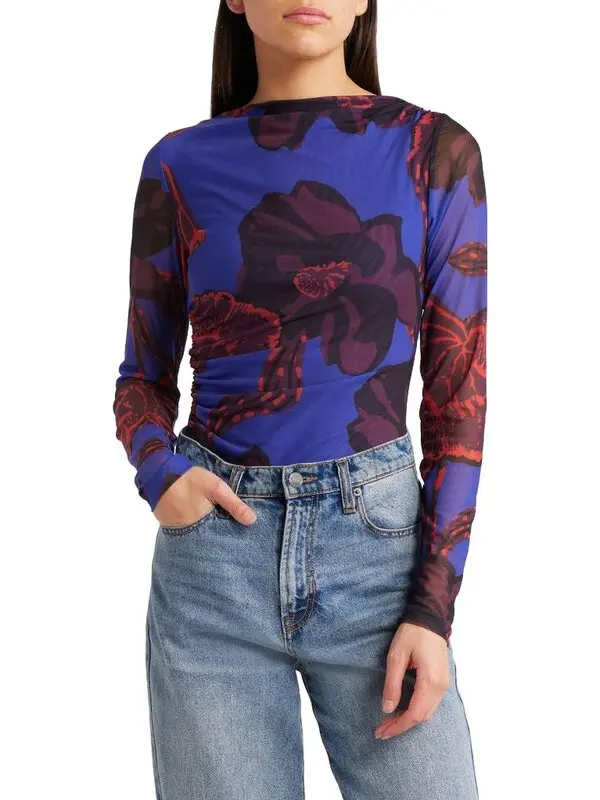 CLEOBELLA Remy Floral Print Ruched Mesh Top - La Rouge Print