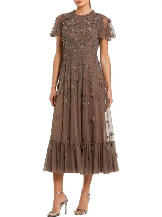 Mac Duggal Embellished High Neck Cap Sleeve A-line Gown - Chocolate