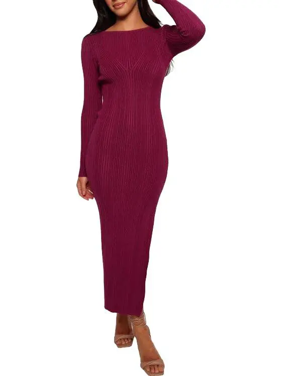 PETAL & PUP Mattie Long Sleeve Rib Maxi Dress - Plum
