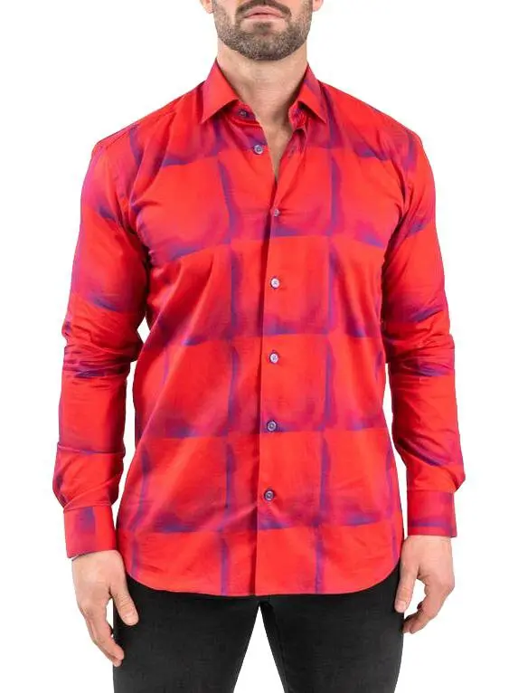 MACEOO Fibonacci Tile Print Contemporary Fit Button-up Shirt - Red