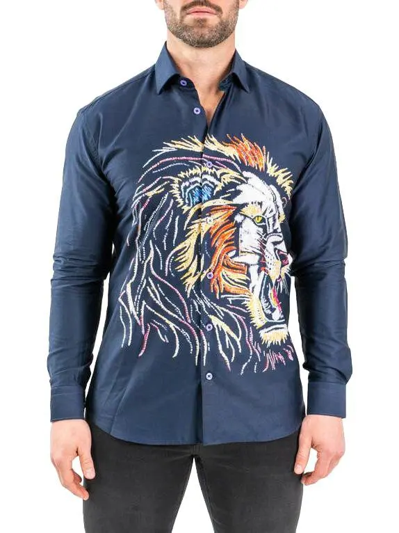 MACEOO Fibonacci Lion Embroidered Contemporary Fit Button-up Shirt - Blue