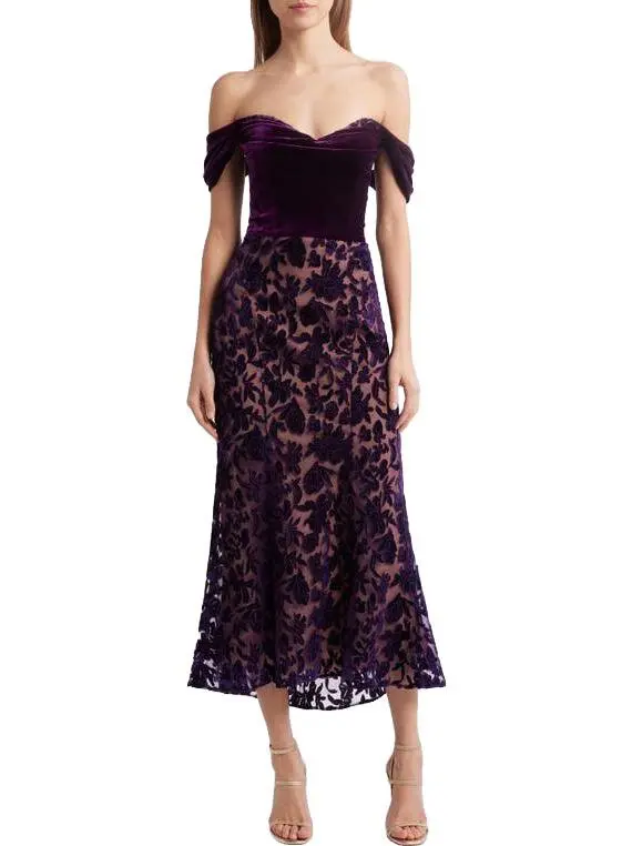 Marchesa Floral Burnout Velvet Cocktail Dress - Dark Purple
