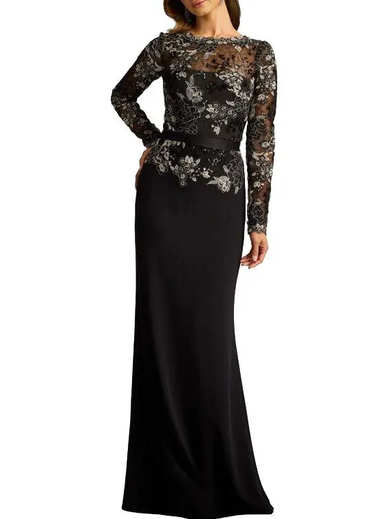 Tadashi Shoji Floral Lace Embroidery Long Sleeve Gown - Black/silver