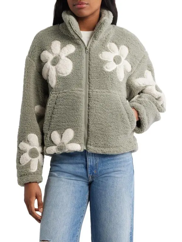 THREAD & SUPPLY High Pile Fleece Floral Jacket - Aqua Gray