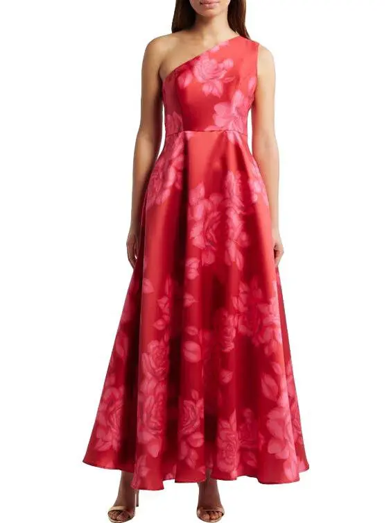 HUTCH Floral One-shoulder Satin Gown - Red