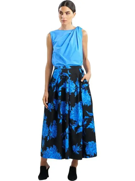 Natori Miyako Printed Cotton Chino Maxi Skirt - Blue W/ Black