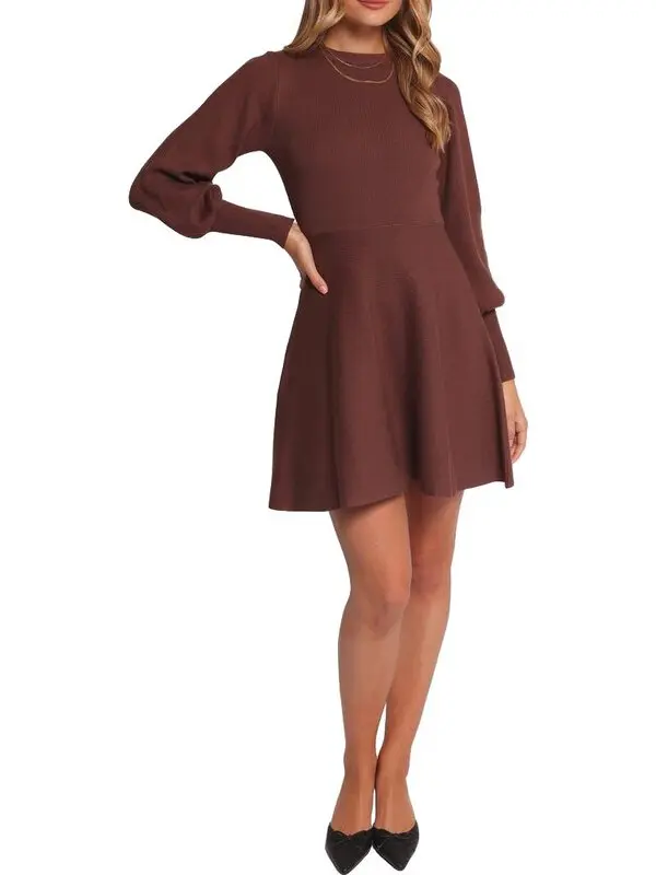 PETAL & PUP Gigi Long Sleeve Fit & Flare Sweater Minidress - Brown