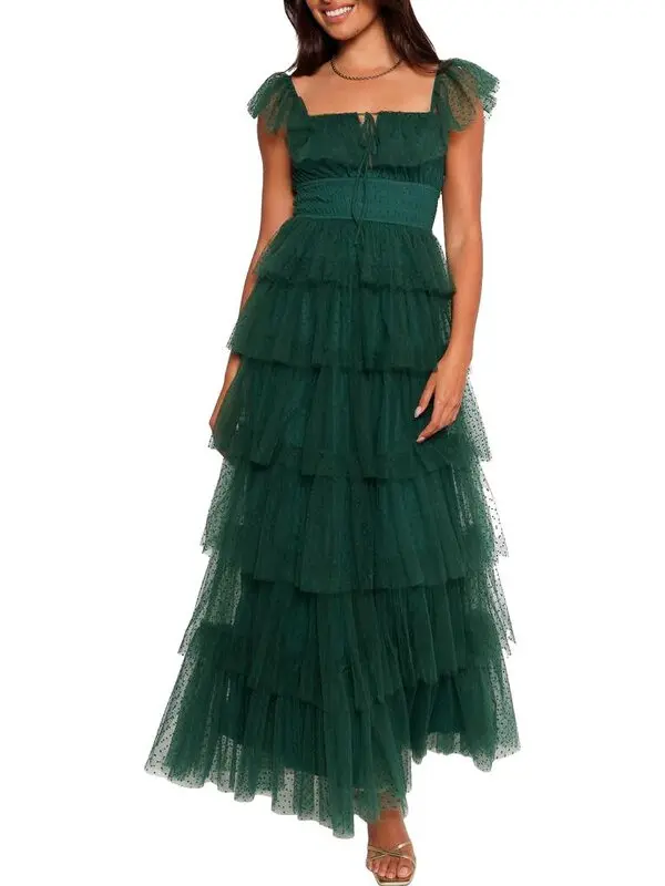 PETAL & PUP Belle Swiss Dot Tulle Tiered Maxi Dress - Hunter Green