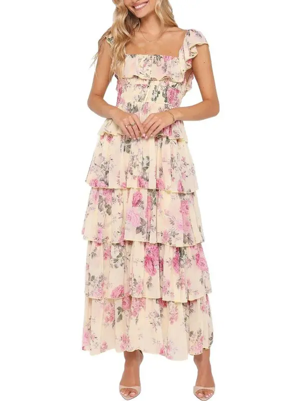 PETAL & PUP Belle Swiss Dot Tulle Tiered Maxi Dress - Yellow Floral
