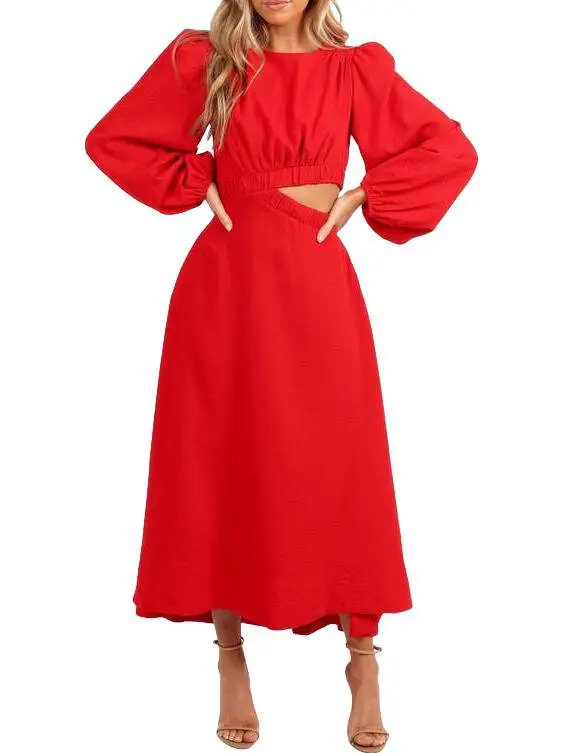 PETAL & PUP Ginnee Long Sleeve Cutout Midi Dress - Red
