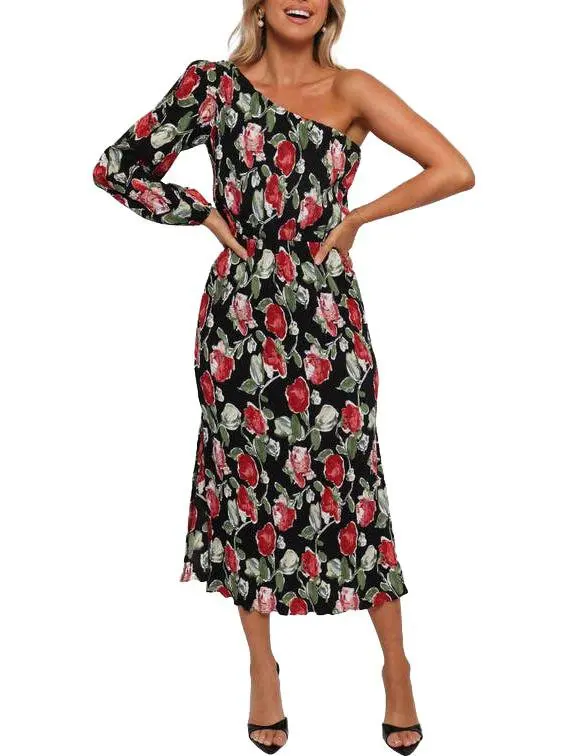 PETAL & PUP Floral Plissé One-shoulder Midi Dress - Black Rose Print