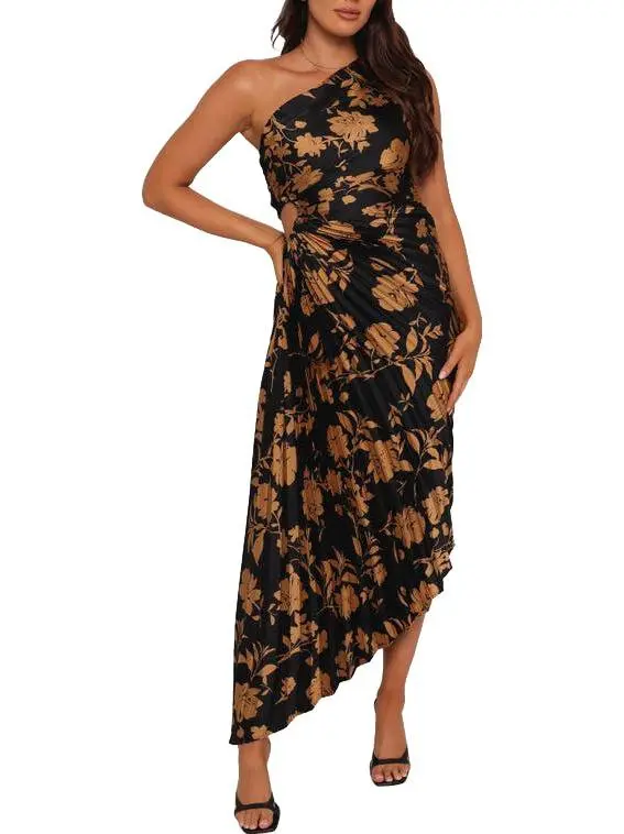 PETAL & PUP Kleo Floral Pleated One-shoulder Satin Dress - Black/ Gold