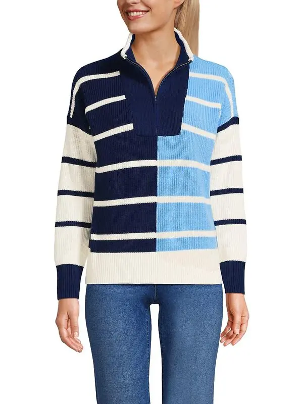 LANDS' END Drifter Cotton Quarter Zip Pullover Sweater - Deep Sea/fresh Ivory Stripe