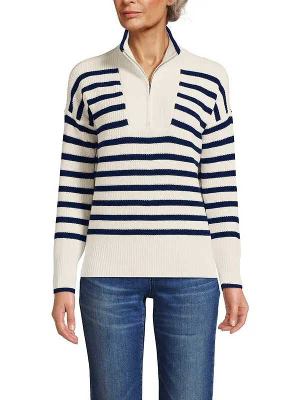 LANDS' END Drifter Cotton Quarter Zip Pullover Sweater - Ivory/navy Stripe