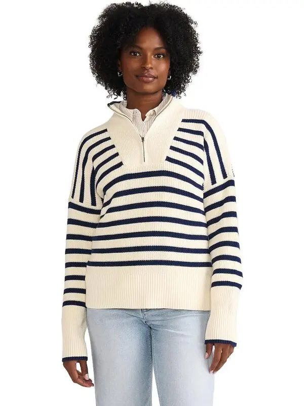 LANDS' END Cotton Quarter Zip Pullover Sweater - Ivory/navy Stripe