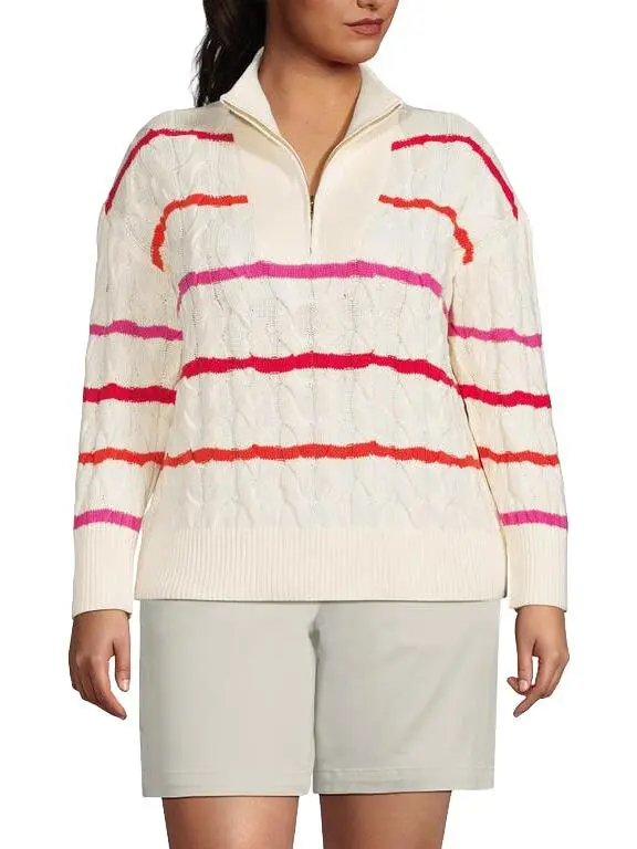 LANDS' END Drifter Cotton Quarter Zip Pullover Sweater - Fresh Ivory Wide Multi Stripe