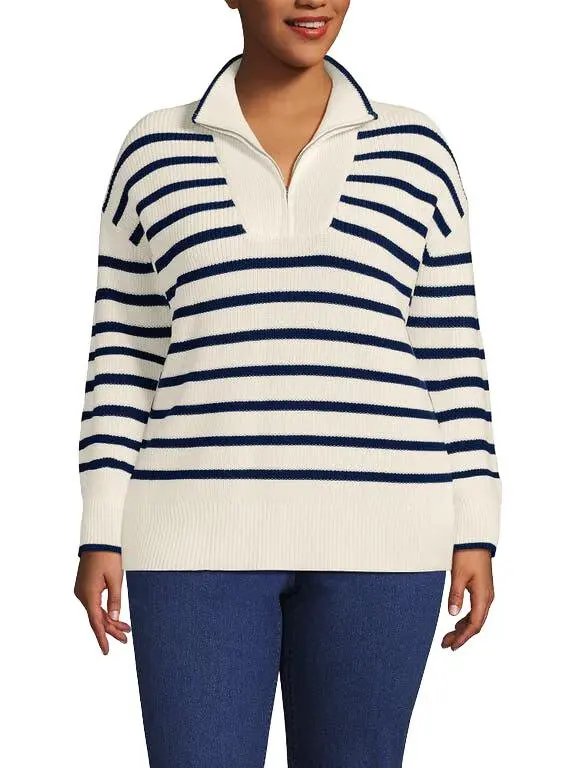 LANDS' END Drifter Cable Quarter Zip Sweater - Ivory/navy Stripe