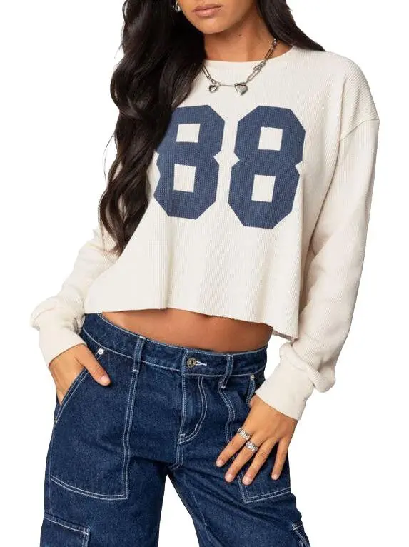 EDIKTED 88 Crop Long Sleeve Waffle Knit Top - Cream
