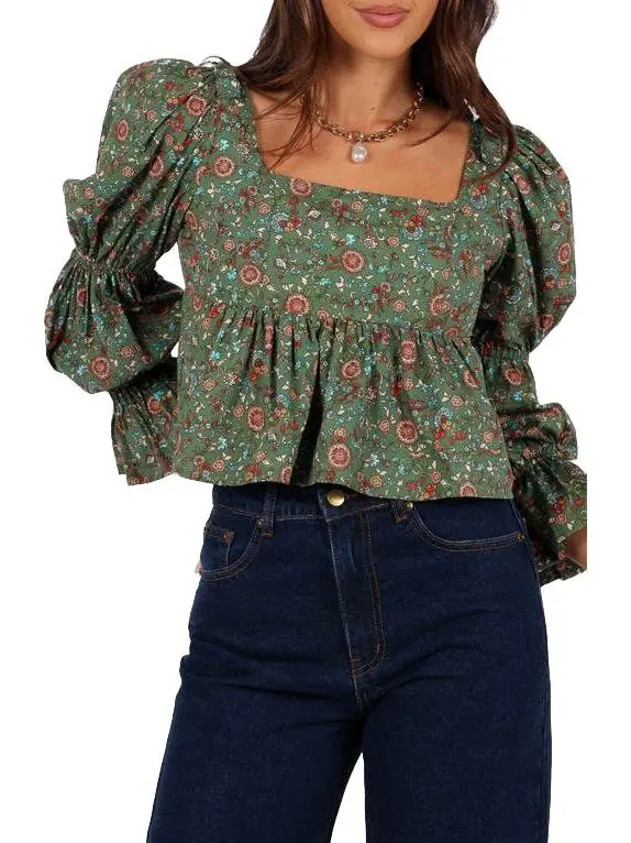 PETAL & PUP Kenny Bubble Sleeve Crop Top - Green Paisley Floral