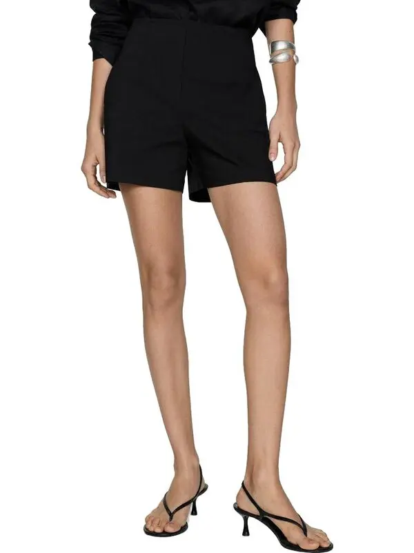 Mango Seamed High Waist Straight Leg Twill Shorts - Black