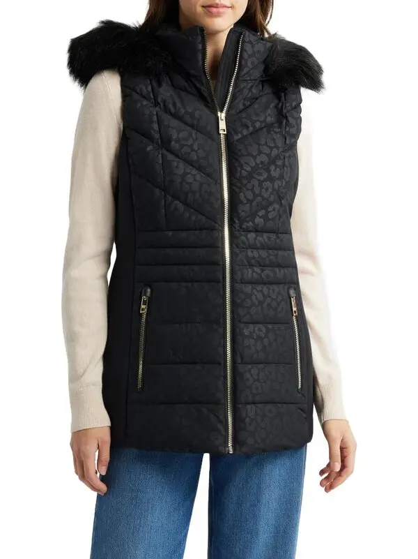 Michael Kors Faux Fur Trim Quilted Vest - Black