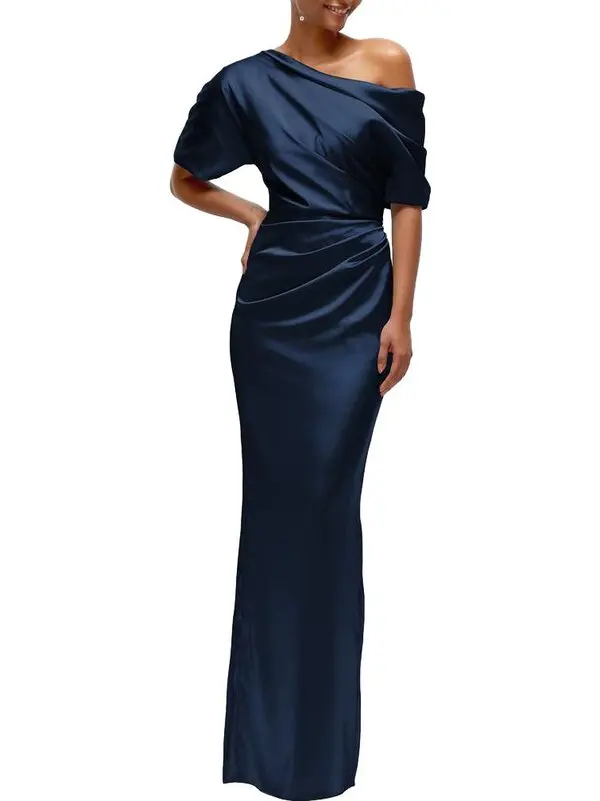 After Six Ruched One-shoulder Satin Gown - Midnight
