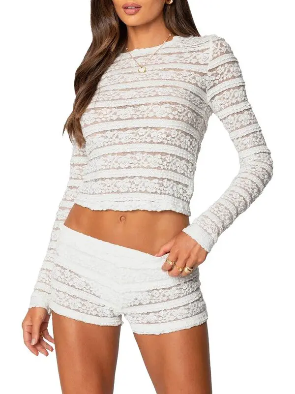 EDIKTED Maisley Sheer Lace Crop Top - White