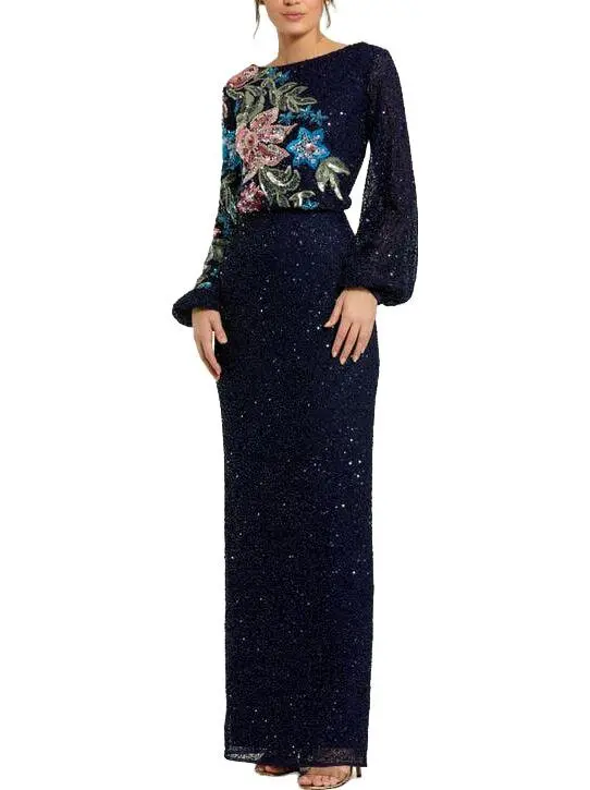 Mac Duggal Embellished Floral High Neck Gown - Midnight