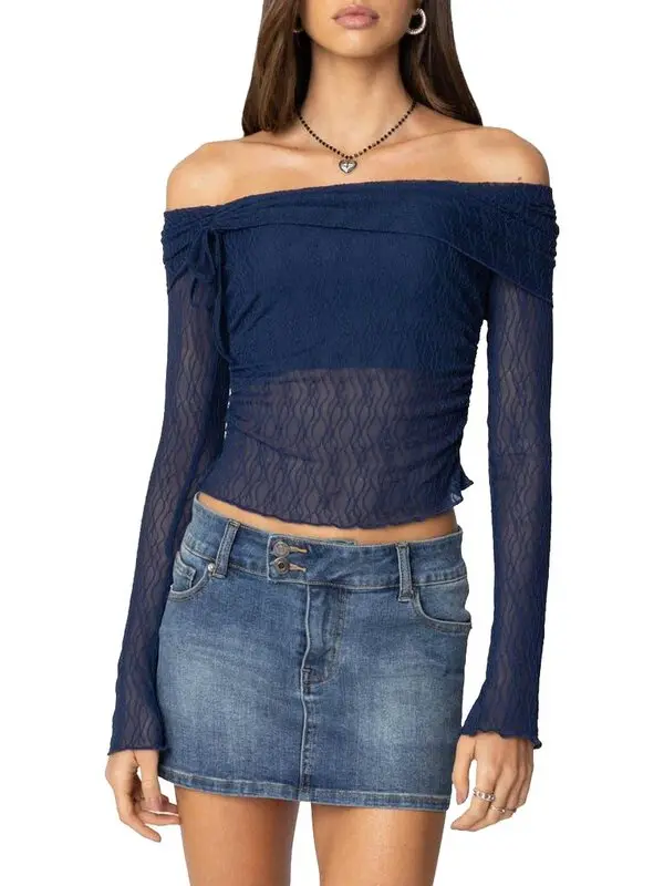 EDIKTED Off-the-shoulder Sheer Top - Navy