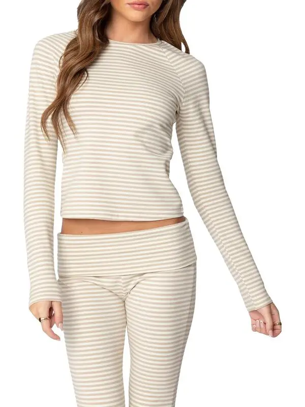 EDIKTED Kaeli Stripe Long Sleeve T-shirt - Beige