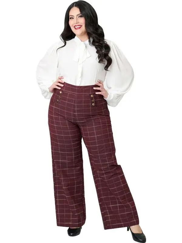 Unique Vintage 1940s Wide Leg Pants - Burgundy Plaid