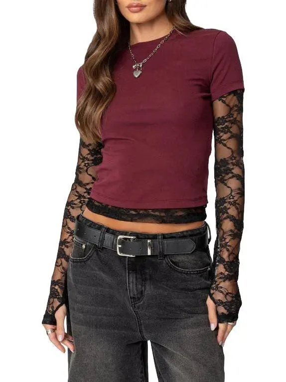 EDIKTED Layered Lace Sleeve T-shirt - Burgundy