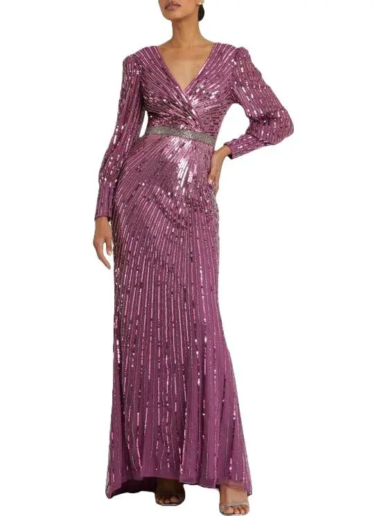 Mac Duggal Sequined Wrap-over Gown With Bishop Sleeves - Raspberry