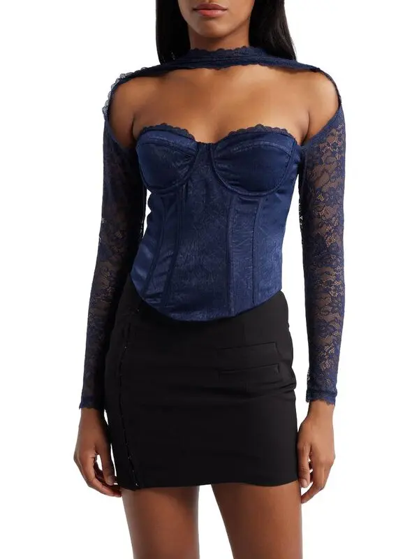 MISTRESS ROCKS Satin & Lace Corset Top - Navy