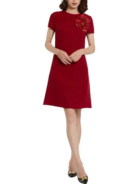 Mac Duggal Crepe Mini Dress With 3d Floral Applique - Garnet