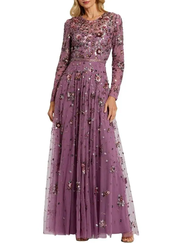Mac Duggal Long Sleeve Beaded Gown - Raspberry