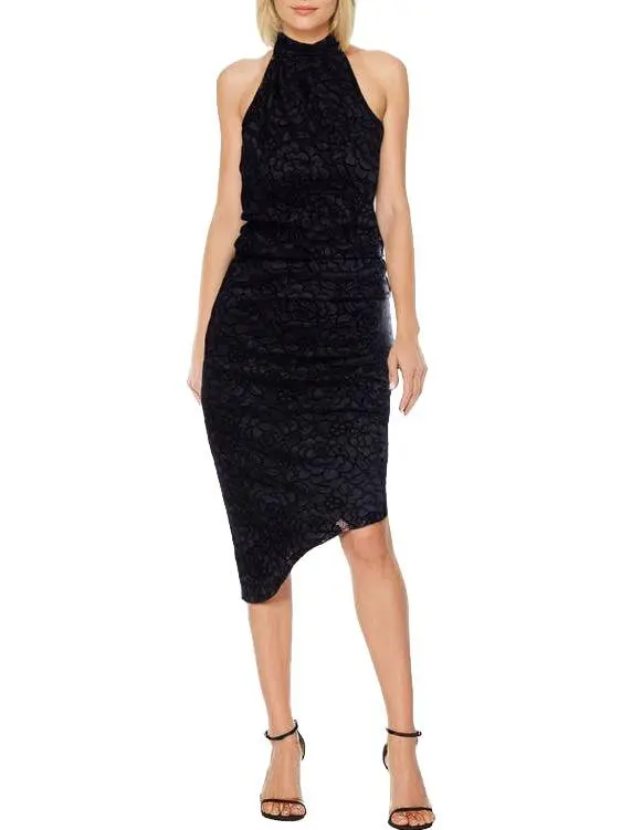 Badgley Mischka Stretch Lace Asymmetric Body-con Cocktail Dress - Black