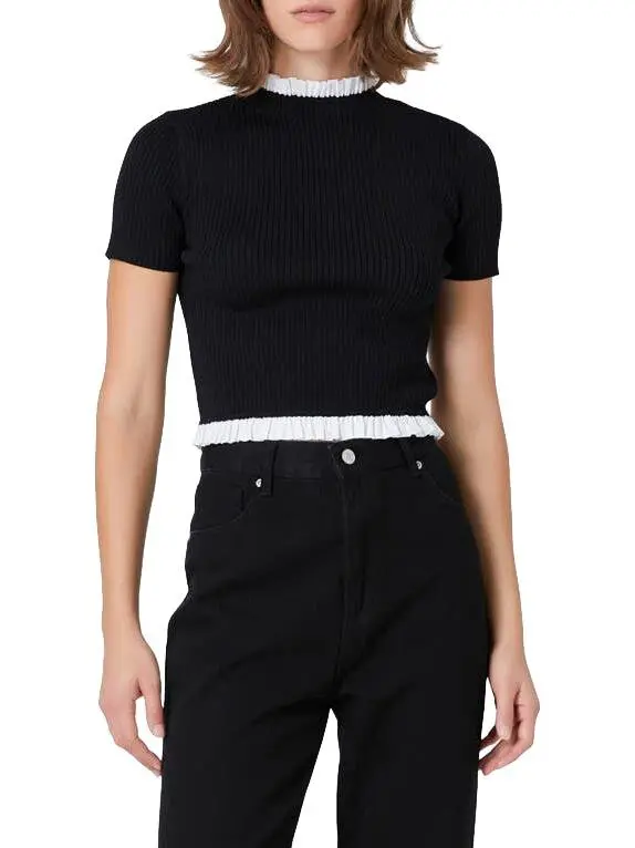 Endless Rose Contrast Ruffle Rib Knit Crop Top - Black